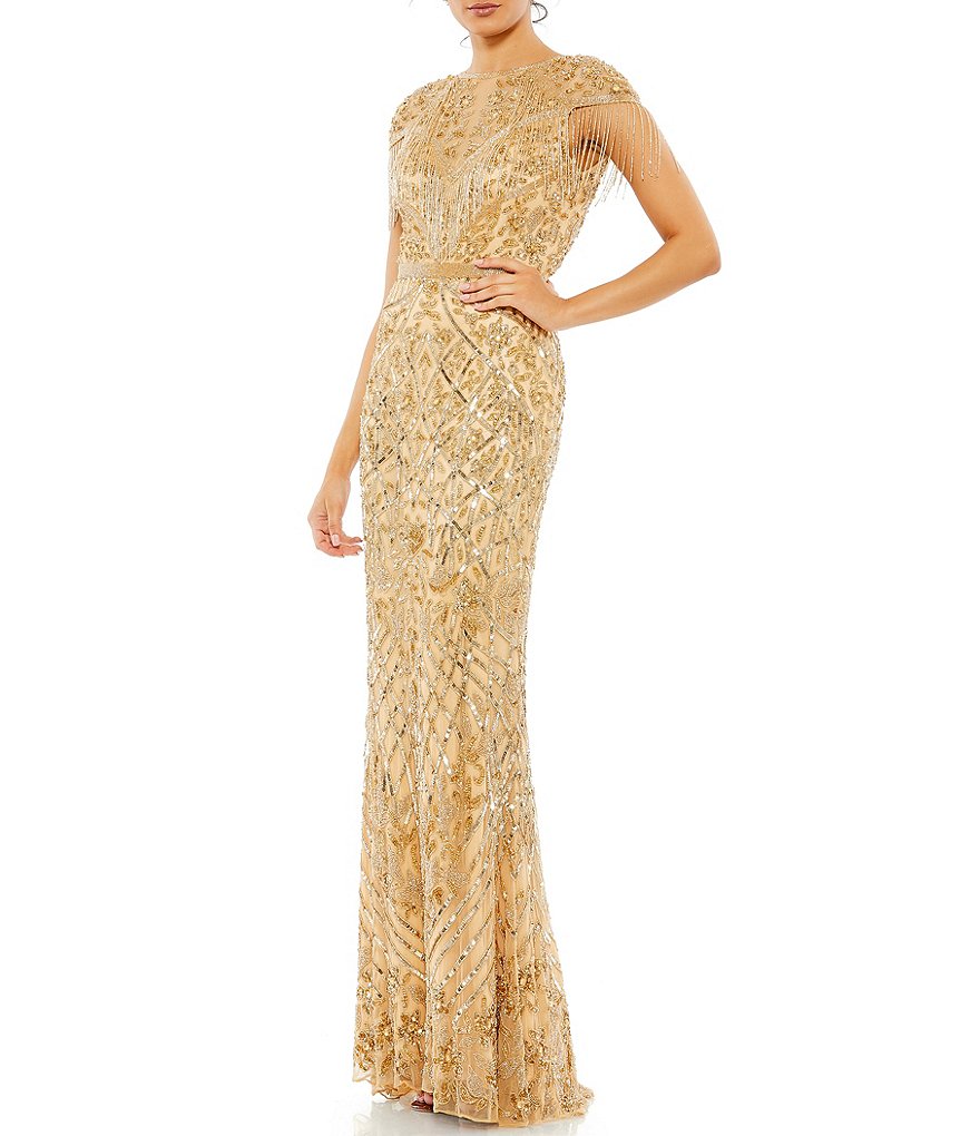 Mac Duggal Beaded Embellished Crew Neck Cap Shimmer Fringe Sleeve