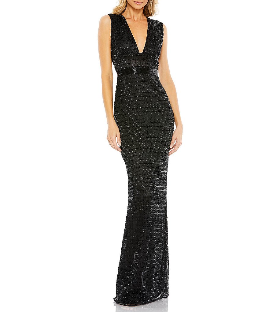 Mac Duggal Beaded V Neck Sleeveless Sheath Gown Dillards