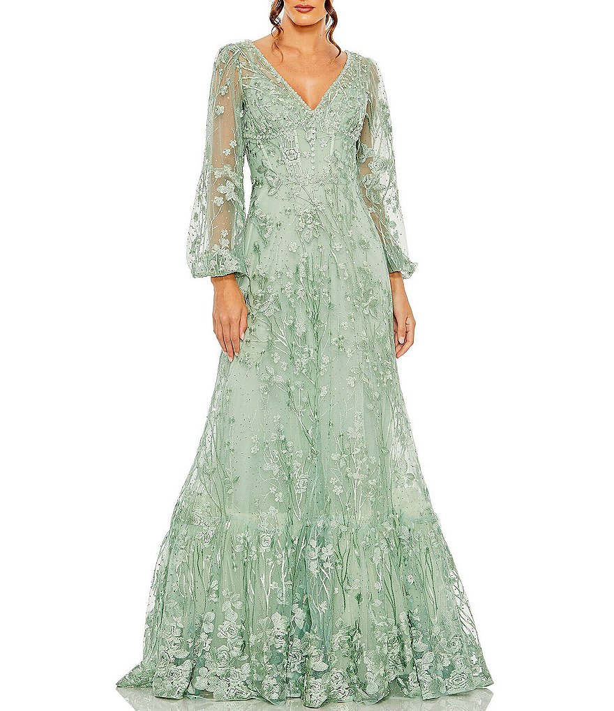 Mac Duggal Embroidered Lace V Neck Long Balloon Sleeve Tiered A Line