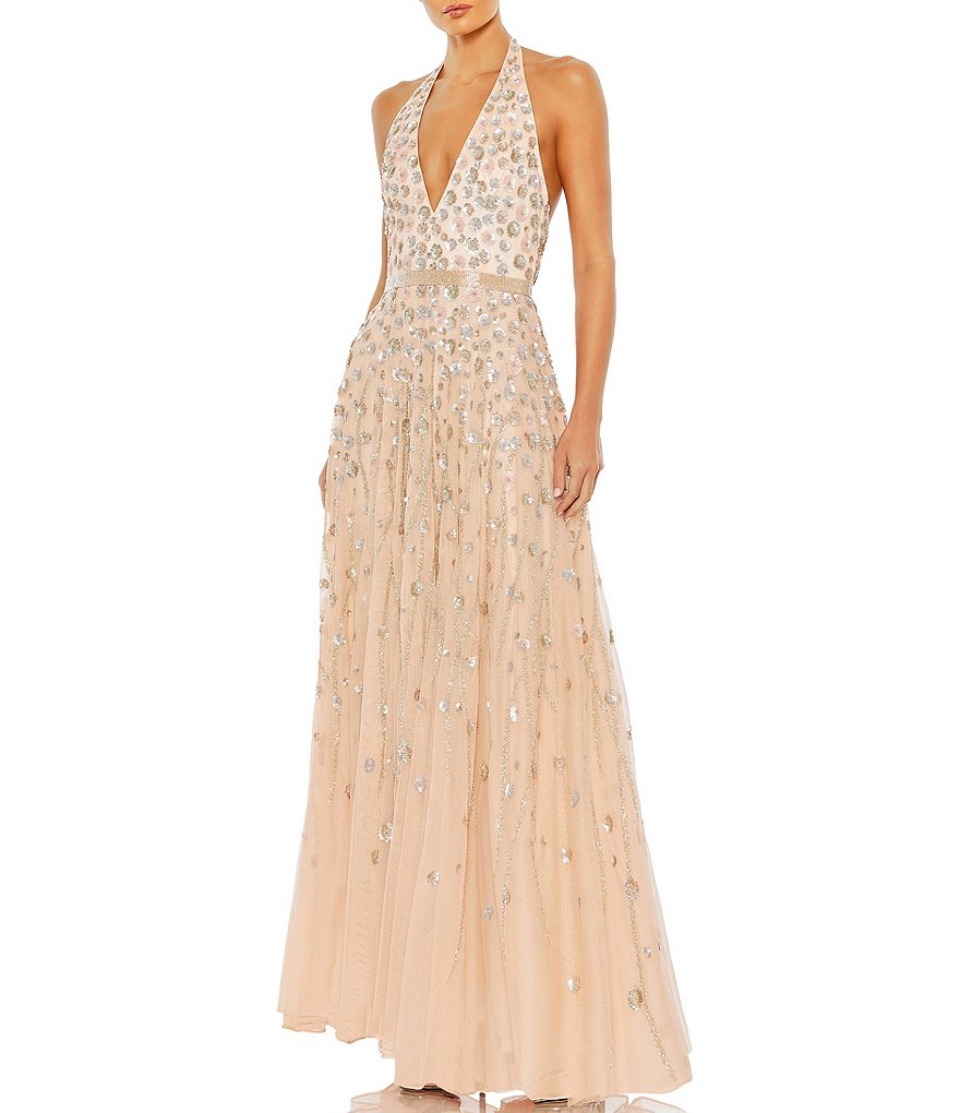 Mac Duggal Floral Embellishment Halter Plunge V Neck Sleeveless Chiffon