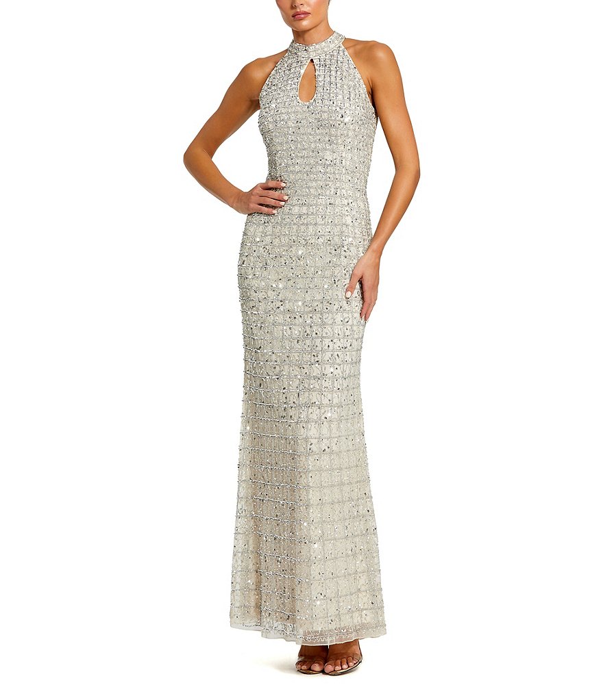 Mac Duggal Keyhole Neck Beaded Mesh Column Gown | Dillard's