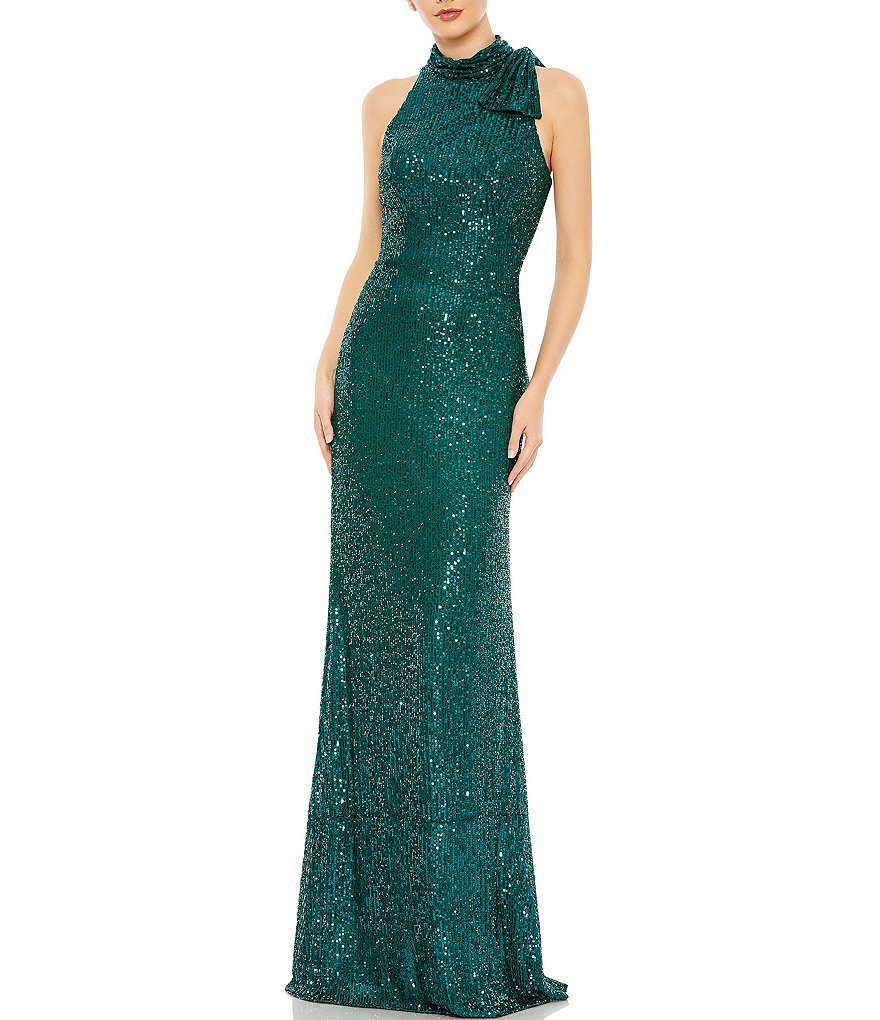 Mac Duggal Mock Neck Bow Shoulder Sequin Column Gown | Dillard's