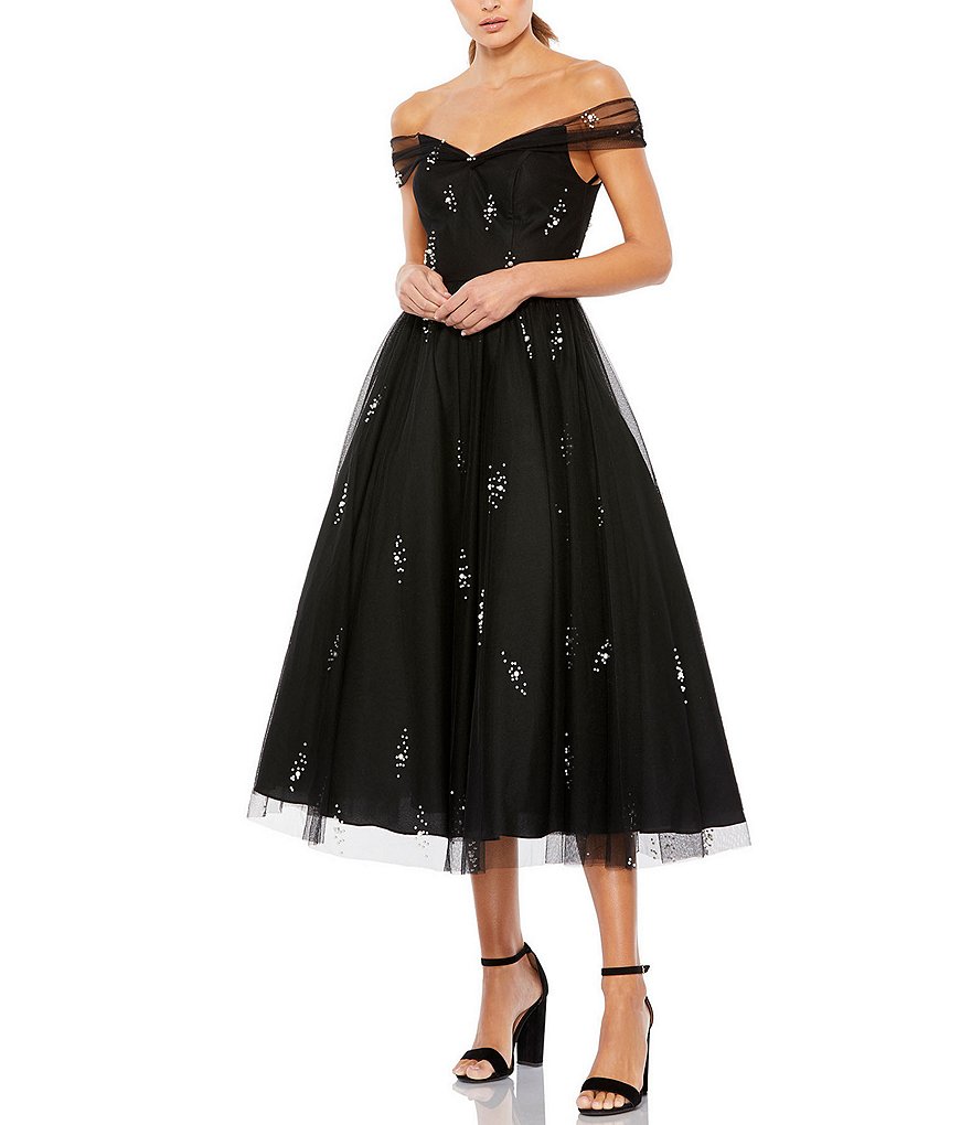 Mac Duggal Pearl Embellished Off The Shoulder Cap Sleeve Dress Dillards