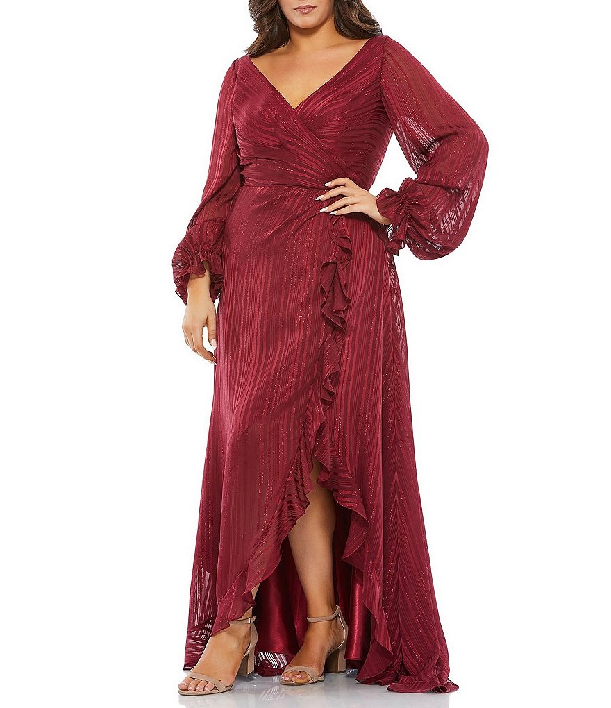 Mac Duggal Plus Size Surplice V Neck Long Balloon Sleeve Ruffle Faux