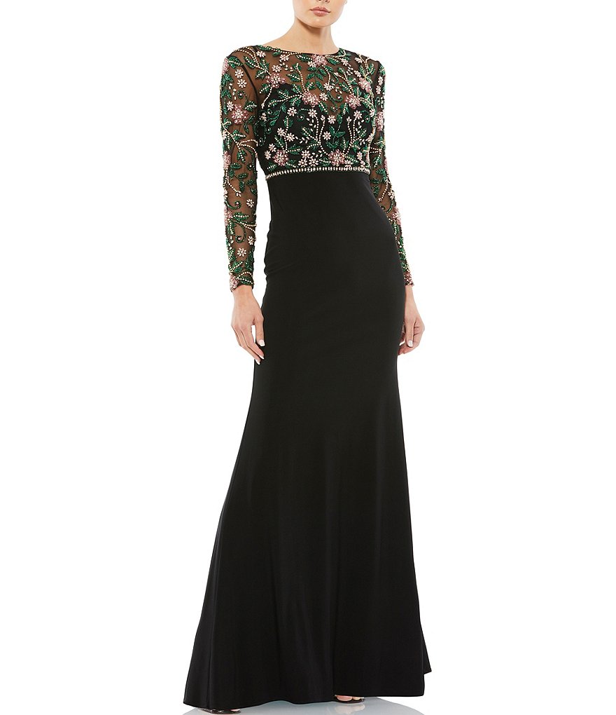 Mac Duggal Sequin Beaded Mesh Boat Neck Long Sleeve Gown Dillards