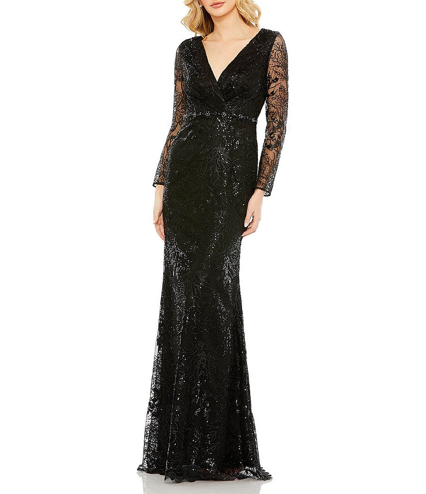 Mac Duggal Sequin Long Sleeve Surplice V Neck Beaded Sheath Gown
