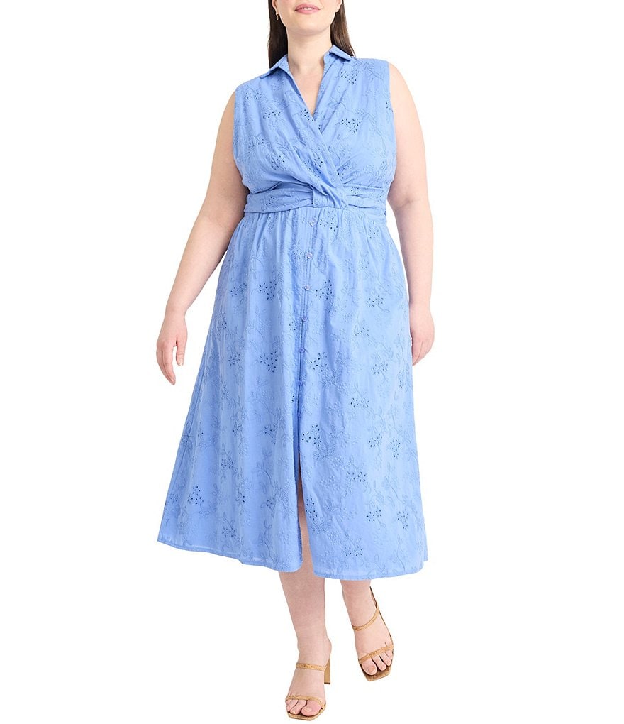 Maggy London Plus Size Sleeveless V-Neck Collar Shirt Midi Maggy London Plus Size Sleeveless V-Neck Collar Shirt Midi