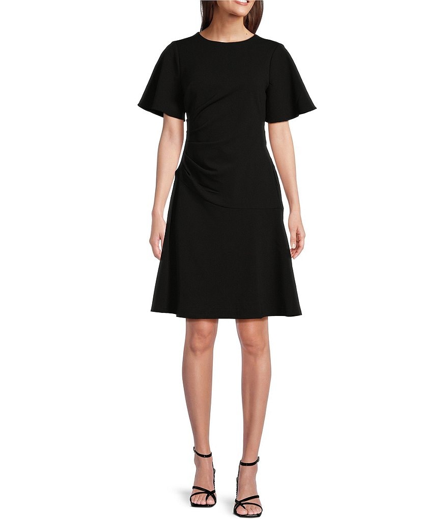 Maggy London Scuba Crepe Crew Neck Short Flutter Sleeve Ruched Dress