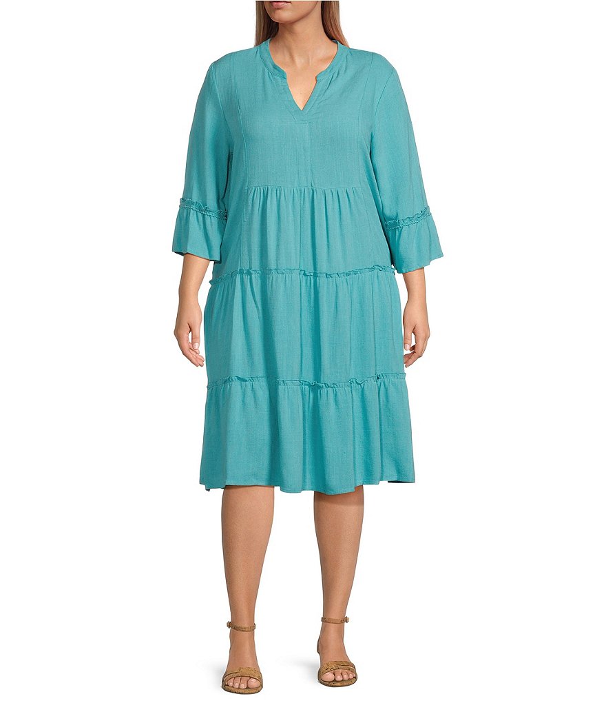 Multiples Plus Size Linen-Blend Round Split V-Neck 3/4 Sleeve Tiered ...