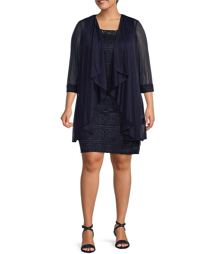 R And M Richards Plus Size Glitter Lace Beaded Scoop Neck 3 4 Sleeve 2