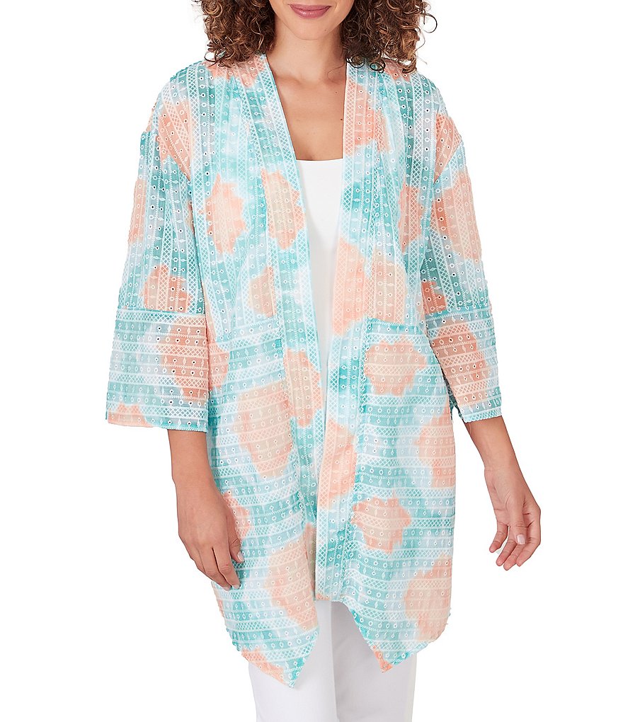 Ruby Rd. Car Diamond Sheer Knit Printed 3/4 Sleeve Patch Pocket Open ...