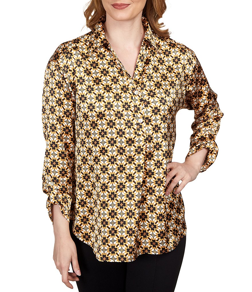 Ruby Rd Geo Print Point Collar 3 4 Sleeve Half Button Front Top