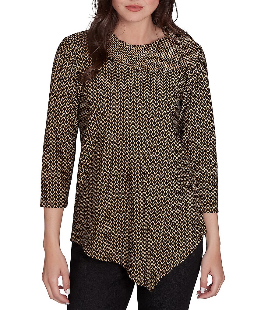 Ruby Rd. Herringbone Jacquard Knit Cowl Neck 3/4 Sleeve Asymmetric Hem ...