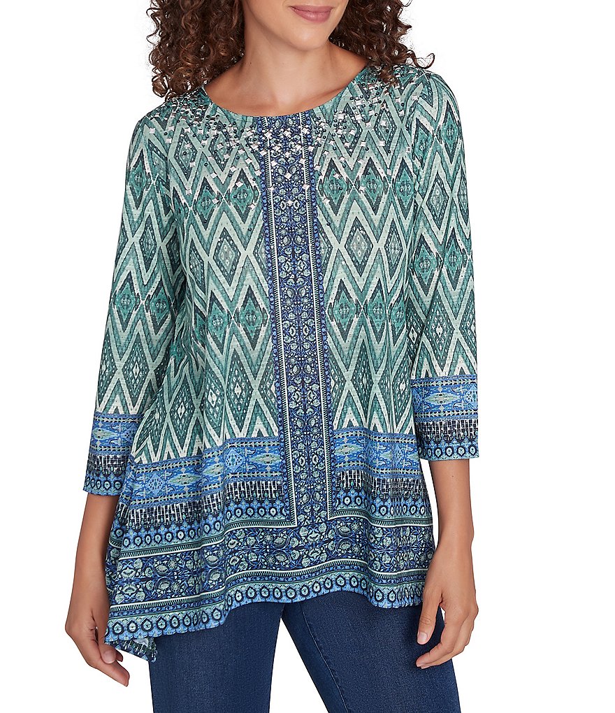 Ruby Rd. Petite Size Knit Mix Pattern Border Print Embellished Scoop ...