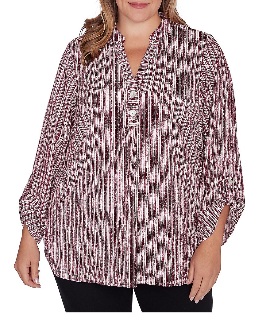 Ruby Rd. Plus Size Crinkle Knit Band Split Neck Roll-Tab Sleeve Button Front Stripe Tunic Top ...