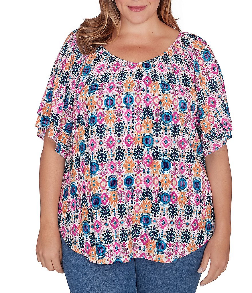 Ruby Rd Plus Size Diamond Ikat Print Gauze V Neck Double Flounce Short