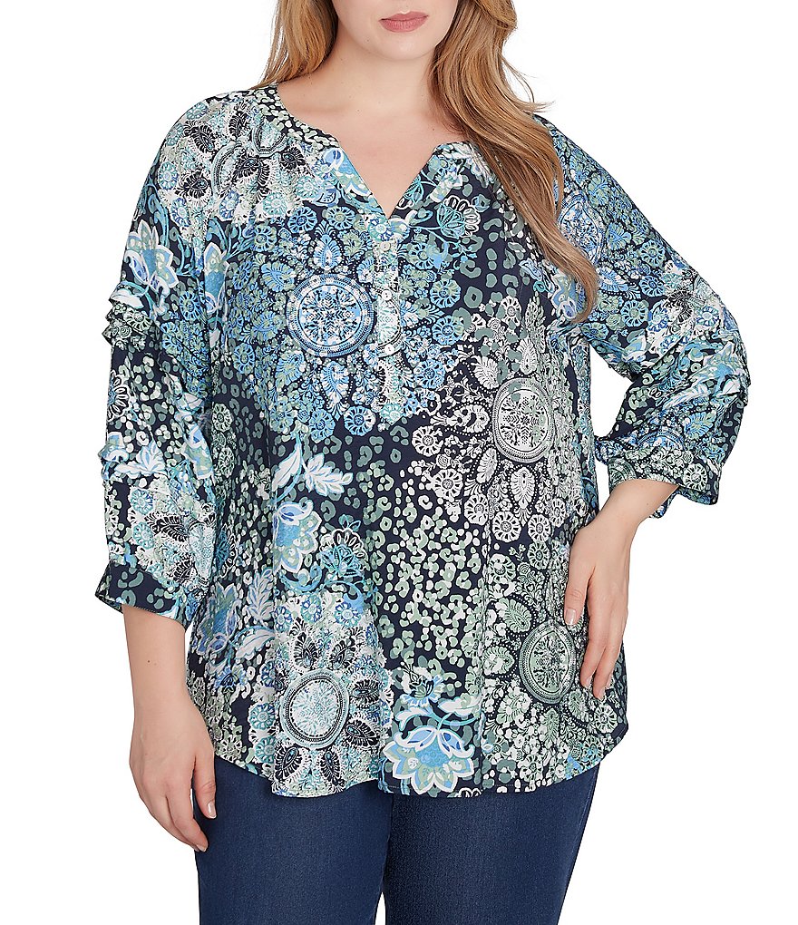 Ruby Rd. Plus Size Kaleidoscope Woven Y-Neck Bracelet Length Sleeve Top ...