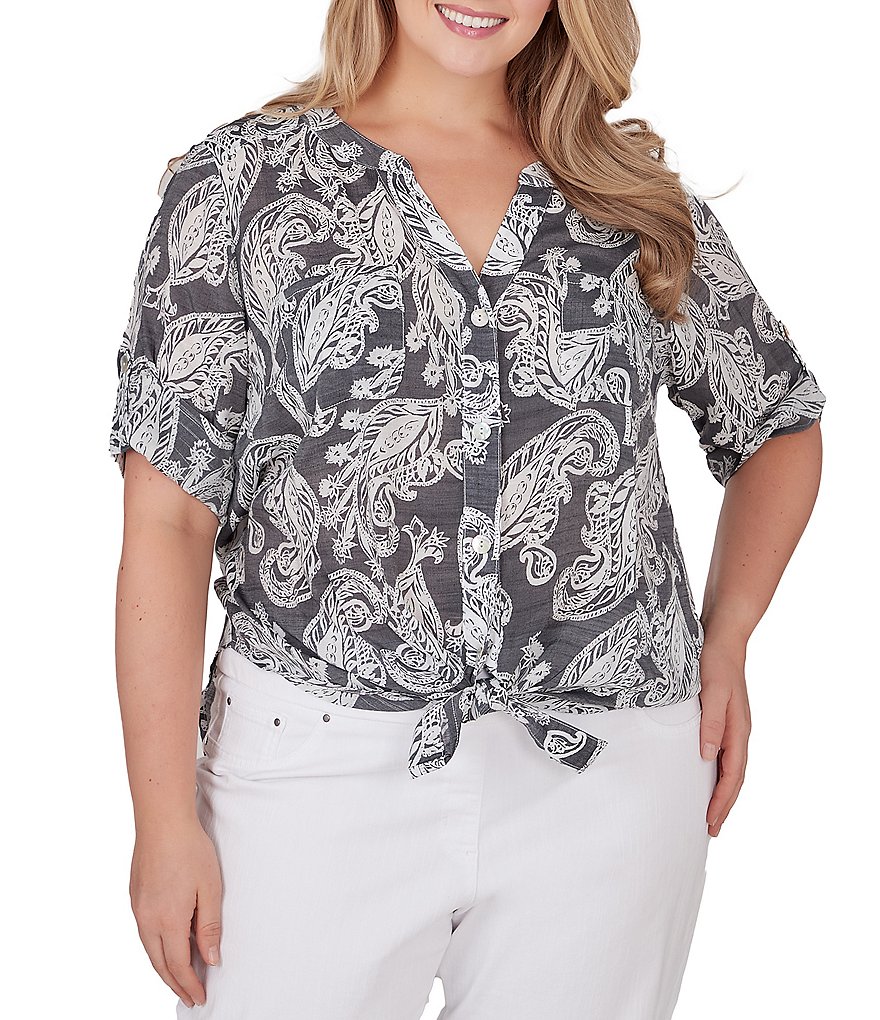Ruby Rd. Plus Size Woven Paisley Print Banded Collar Short Roll-Tab ...