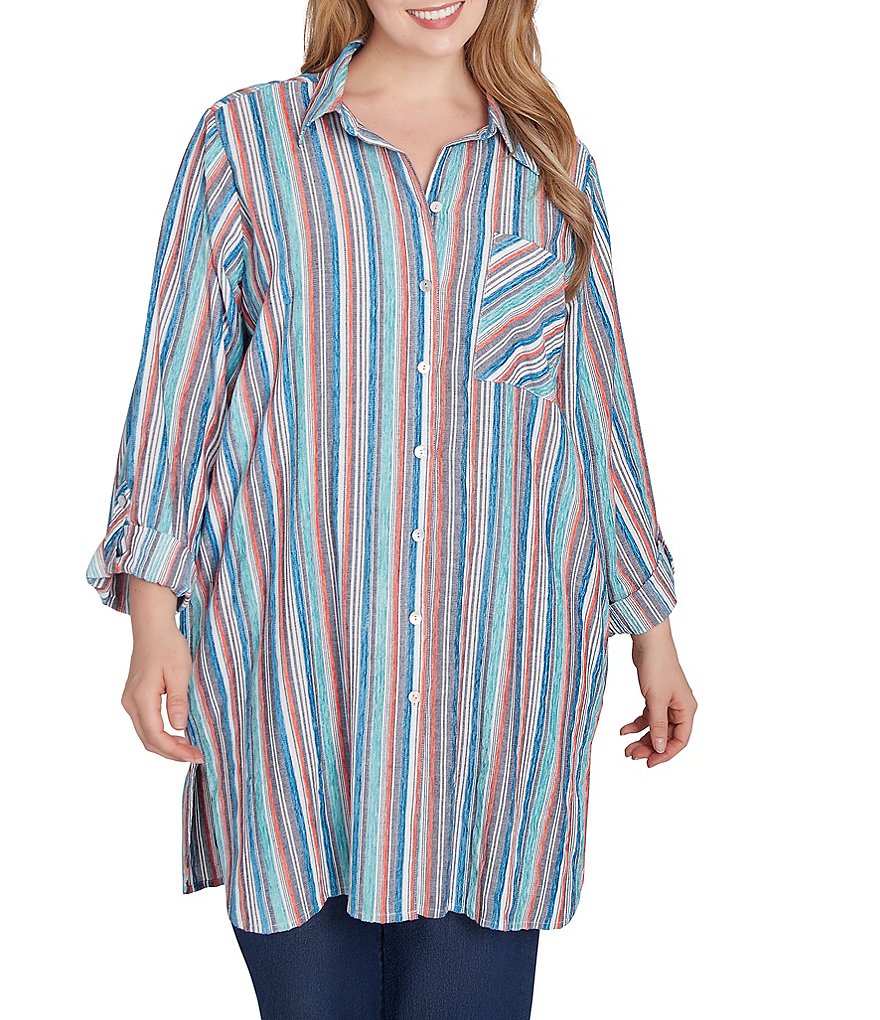 Ruby Rd. Plus Size Woven Striped Point Collar Long Roll-Tab Sleeve ...