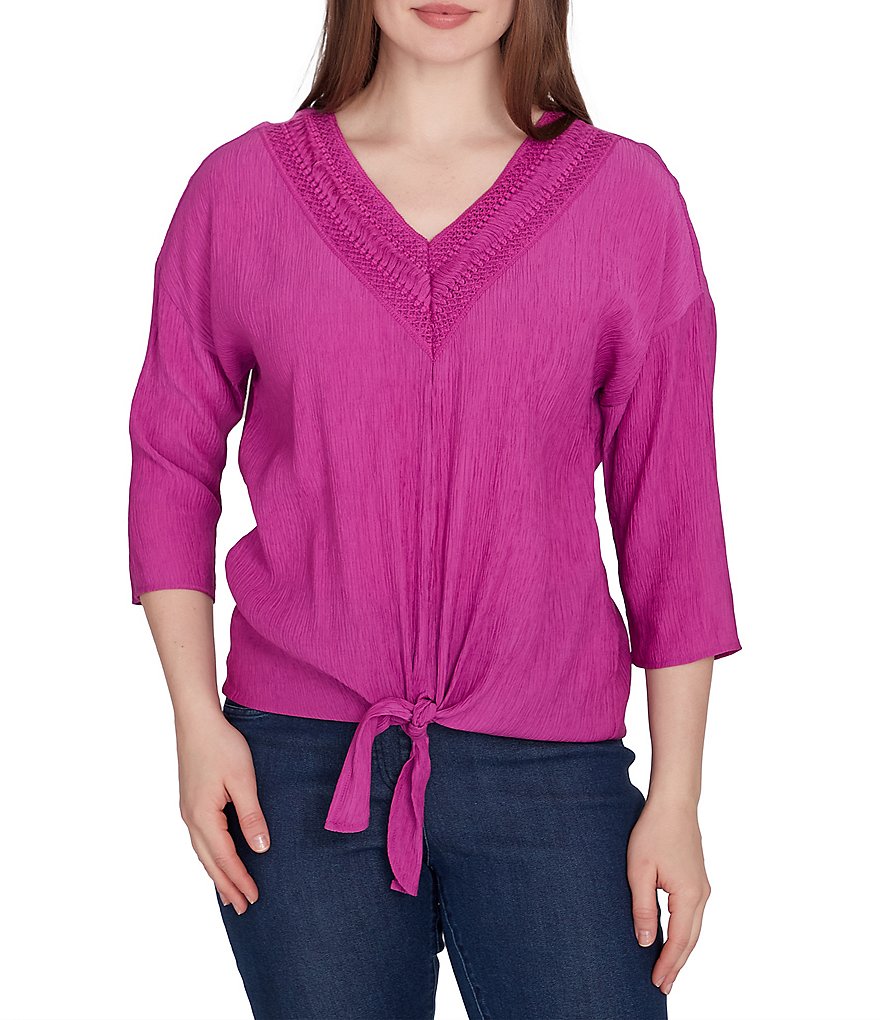 Ruby Rd. Woven Gauze V-Neck 3/4 Sleeve Tie-Front Top | Dillard's