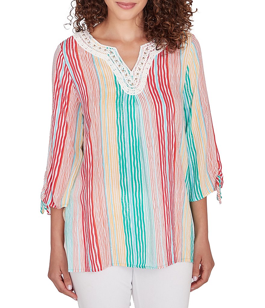 Ruby Rd. Woven Metallic Wavy Stripe Embroidered Split V-Neck 3/4 Sleeve ...