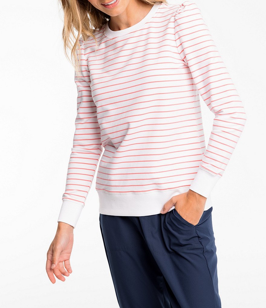 Southern Tide Jayne Striped Print Crew Neck Long Sleeve Terry Pullover