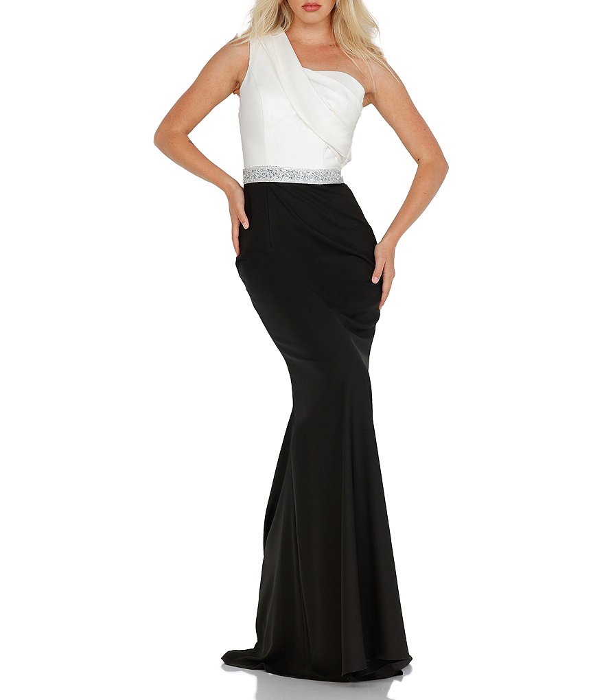 Terani Couture One Shoulder Sleeveless Color Block Beaded Waist Mermaid