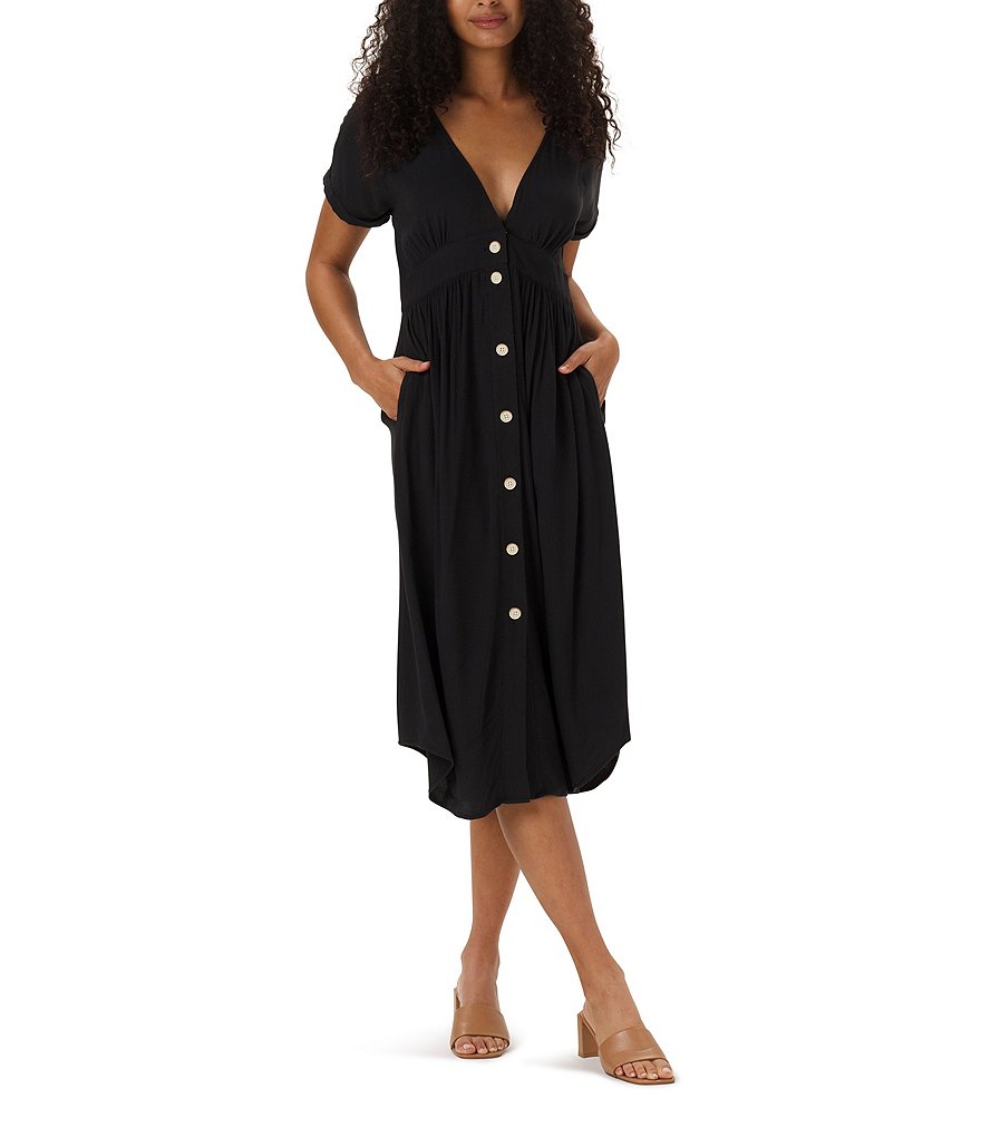 The Normal Brand V Neckline Short Sleeve Button Front Midi Dress ...