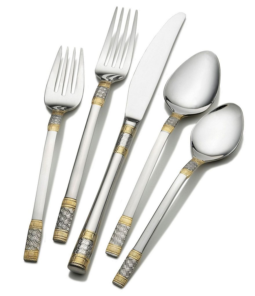 Wallace Silversmiths Corsica Gold-Accent 65-Piece Stainless Steel ...
