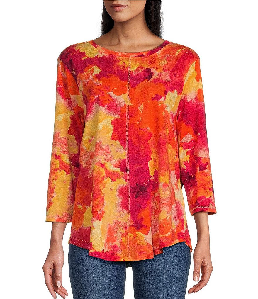 Westbound Petite Size Sunset Cloud Abstract Print 3/4 Sleeve Knit Crew ...