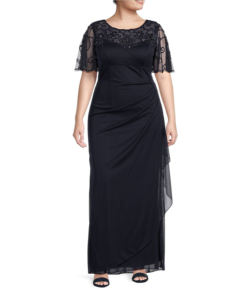 Xscape Plus Size Short Sleeve Beaded Illusion Boat Neck Ruched Long