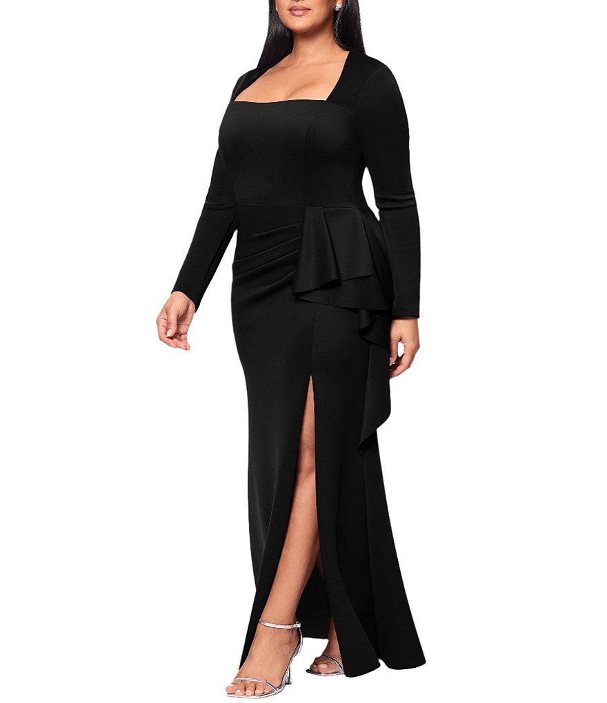 Xscape Plus Size Square Neck Long Sleeve Cascade Ruffle Gown | Dillard's