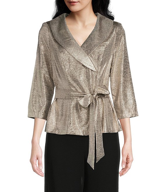 Alex Evenings Petite Size 3/4 Sleeve Shawl Collared Tie Waist Metallic ... Alex Evenings Petite Size 3/4 Sleeve Shawl Collared Tie Waist Metallic ...