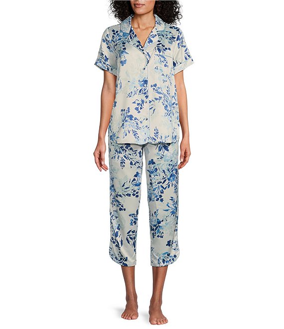 Cabernet Satin Floral Short Sleeve Notch Collar Capri Pajama Set