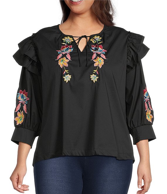 Calessa Plus Size Patchwork Embroidered Split V-Neck 3/4 Sleeve Tunic ...