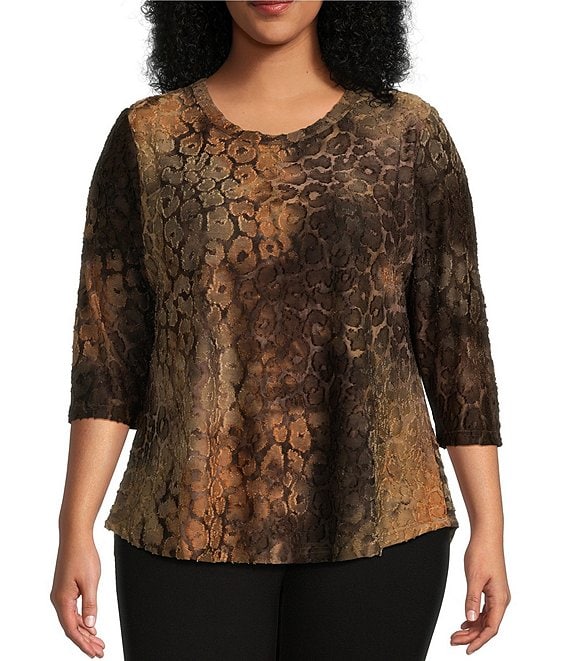 Calessa Plus Size Stretch Burnout Tie Dye Crew Neckline 3 4 Sleeve Top