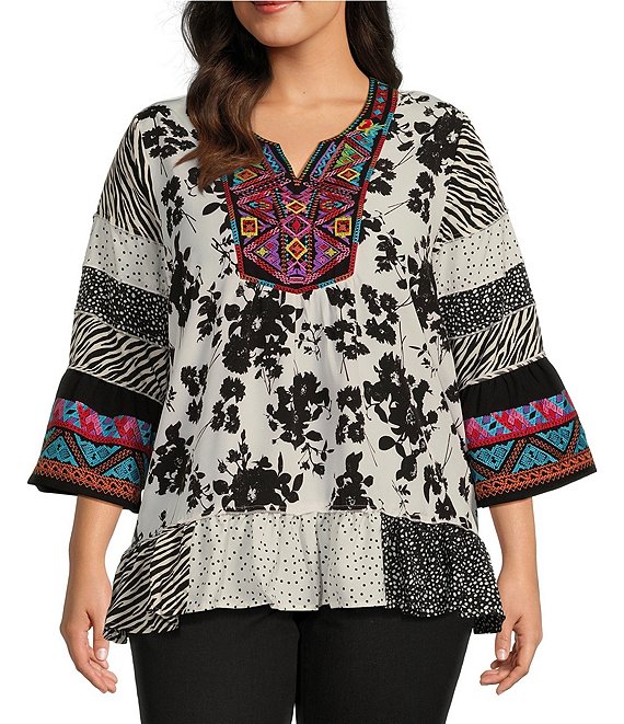 Calessa Plus Size Woven Embroidered Patchwork Border Floral Print Split