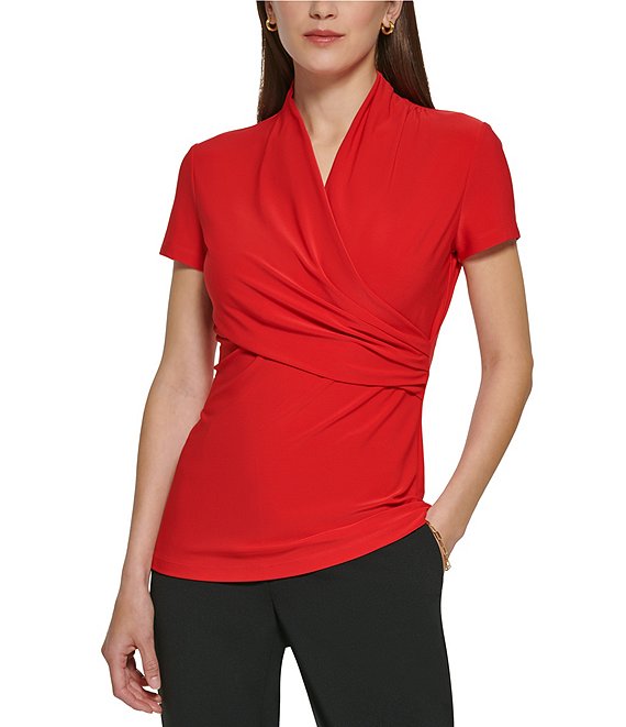 DKNY Surplice V-Neck Side Ruched Short Sleeve Top | Dillard's