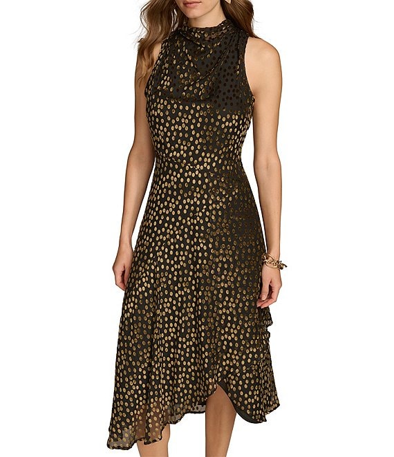 Donna Karan Burnout Velvet Dot High Cowl Neck Sleeveless Midi Dress ... Donna Karan Burnout Velvet Dot High Cowl Neck Sleeveless Midi Dress ...