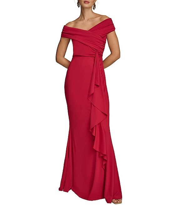 Donna Karan Wrap V-Neck Cap Sleeve Cascade Side Ruffle Gown | Dillard's