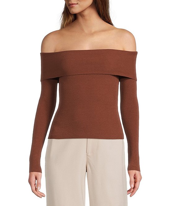 Double Zero Cropped Ribbed Knit Off-The-Shoulder Long Sleeve Top ...
