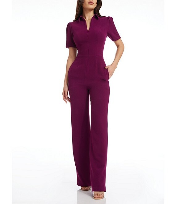 Dress The Population Gloria Collared Zip Neck Short Sleeve Wide Leg