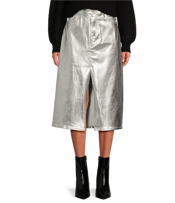 Every Metallic Coated Stretch Denim High Rise Front Split Hem Midi ...