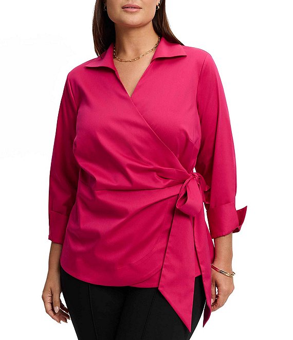 Foxcroft Plus Size Salina Stretch Solid Collared Long Sleeve Wrap Top ...