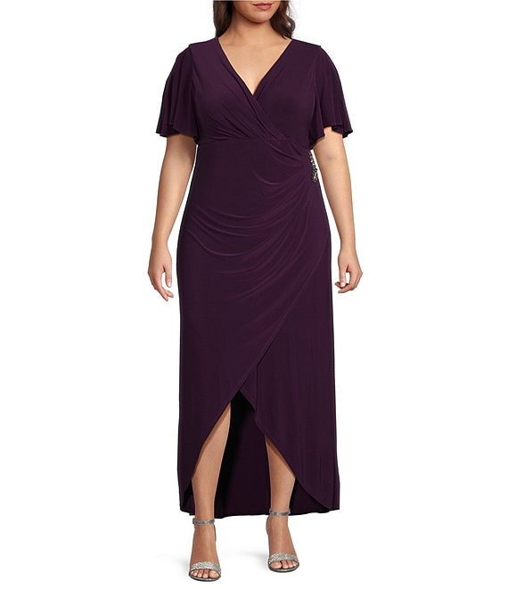 Ignite Evenings Plus Size Metallic Knit V Neck Flutter Sleeves Pleated