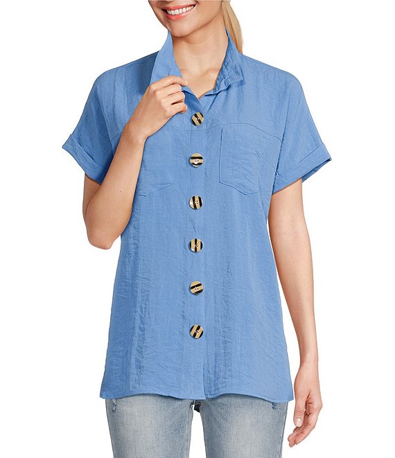 John Mark Crinkle Short Dolman Sleeve Point Collar Button Front Shirt