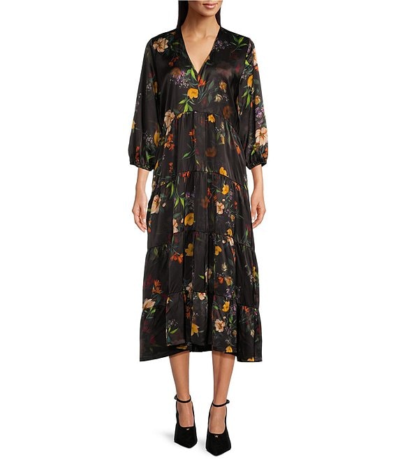 JOHNNY WAS Silk Floral Bouquet Print V-Neck 3/4 Bishop JOHNNY WAS Silk Floral Bouquet Print V-Neck 3/4 Bishop