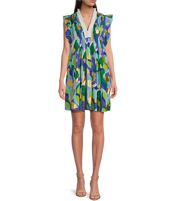 Jude Connally Larissa Cotton Voile Abstract Moma Iris Print V Neck Cap