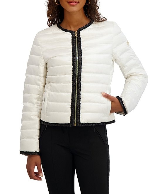 KARL LAGERFELD PARIS Solid Ruffle Collarless Water Resistant Zip Front Puffer Jacket | Dillard's