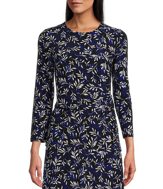 Kasper Feather Printed Tie Front Crew Neck 3 4 Sleeve Coordinating Knit